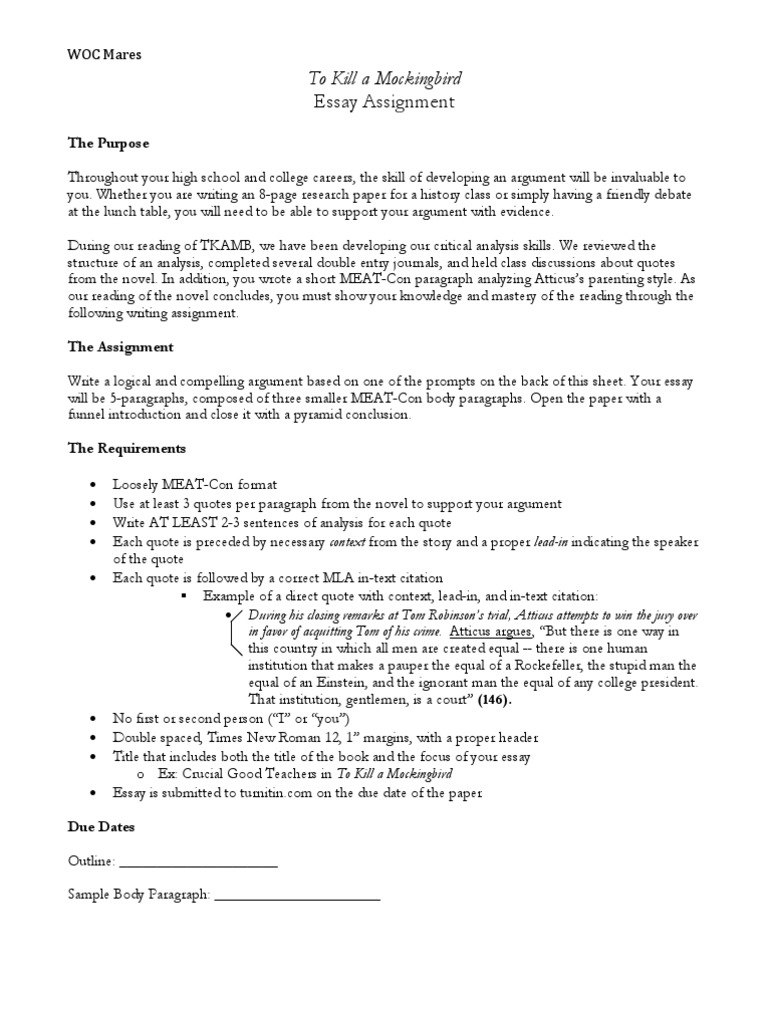 TKAM Essay Assignment Guide | PDF | To Kill A Mockingbird | Essays