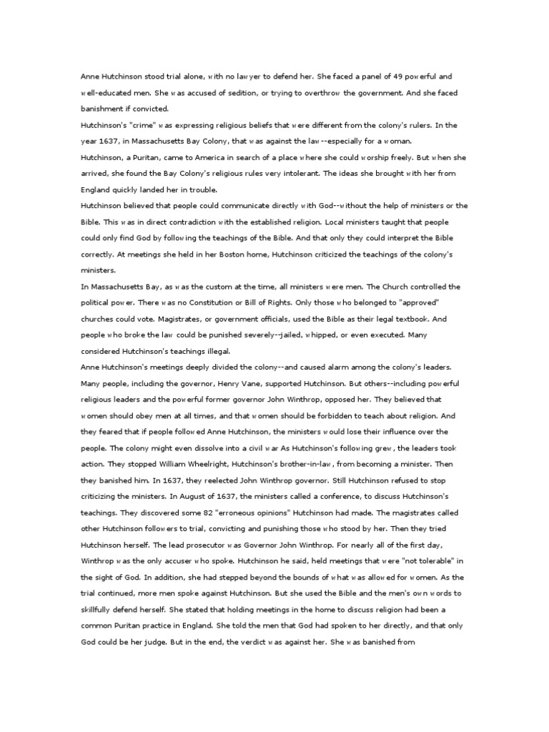Anne Hutchinson Info | PDF | John Winthrop | Religion And Belief