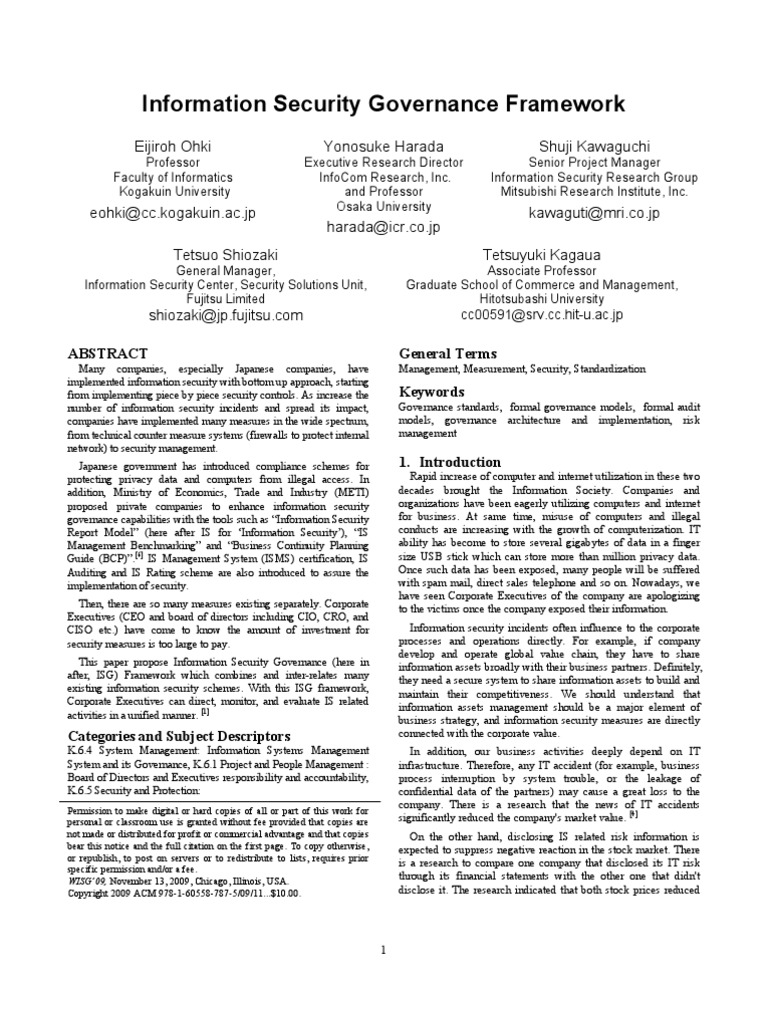 Information Security Governance Framework Pdf Information Security