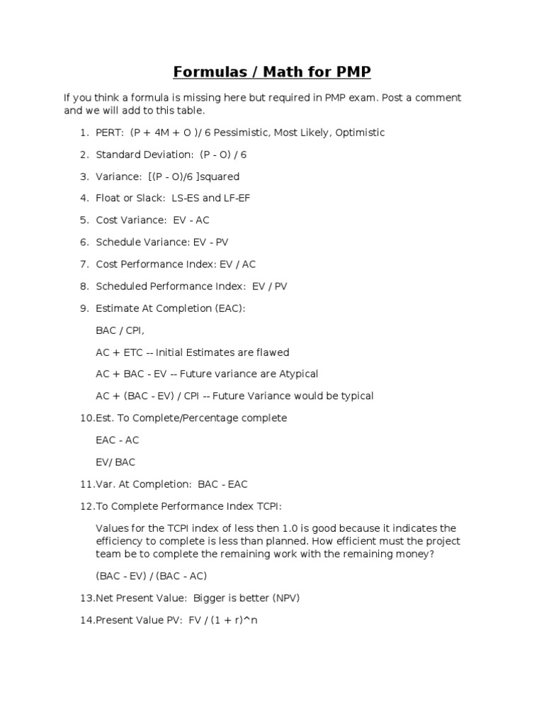 Formulas / Math For PMP | PDF