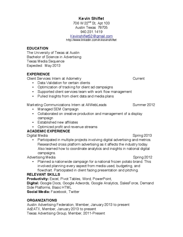 Kevin Shiflet's Advertising Resume | PDF