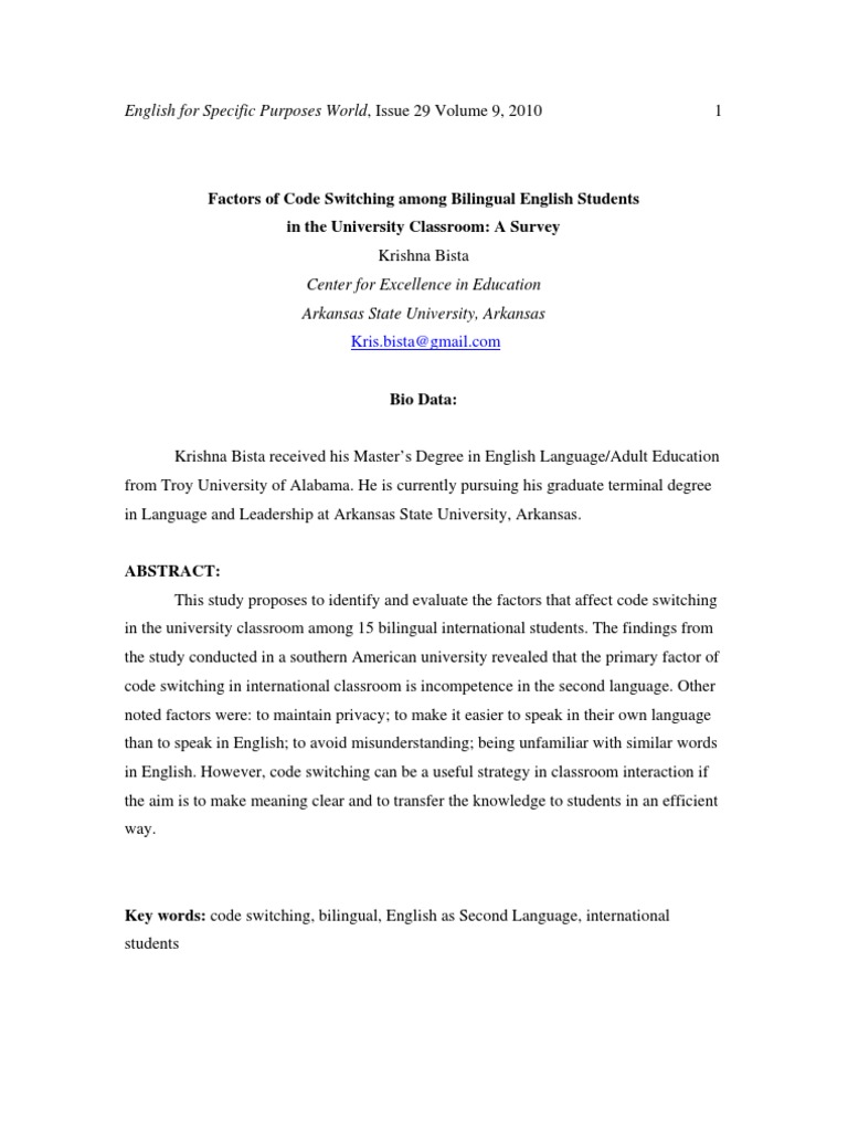 Factors Influencing Code Switching Among Bilingual University Students: A Study of International ...
