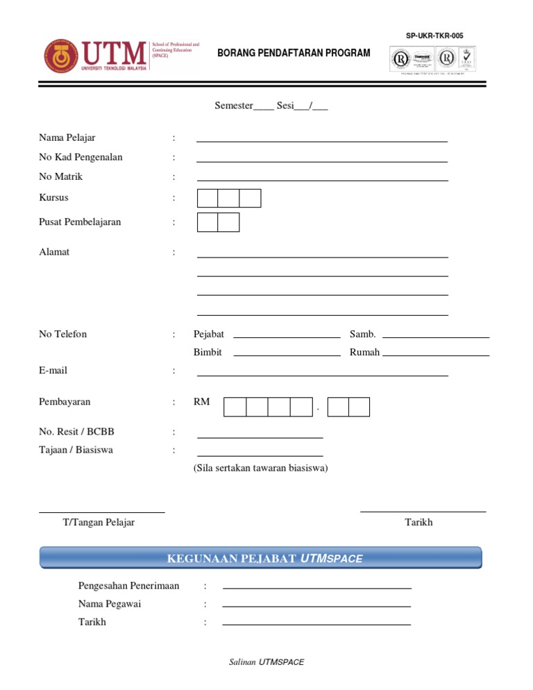 Borang Pendaftaran Program at Kursus | PDF