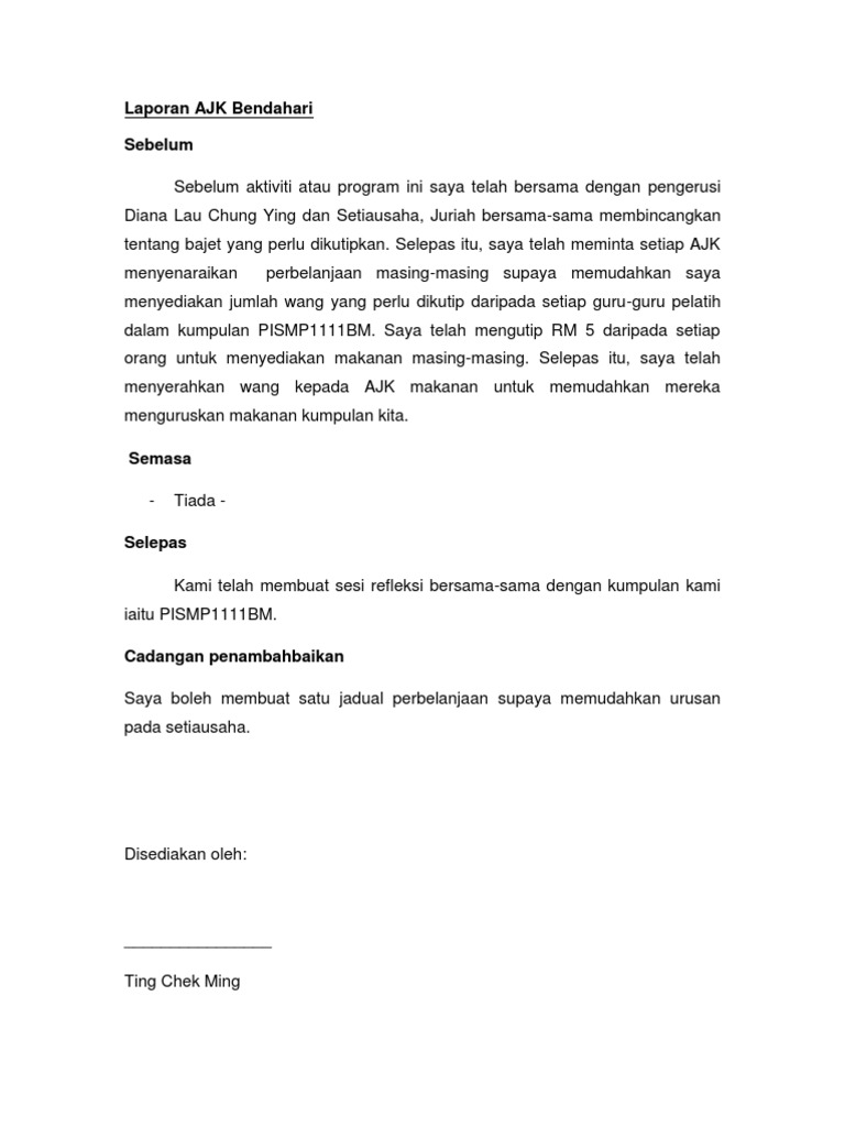 Laporan AJK Bendahari Lawatan | PDF