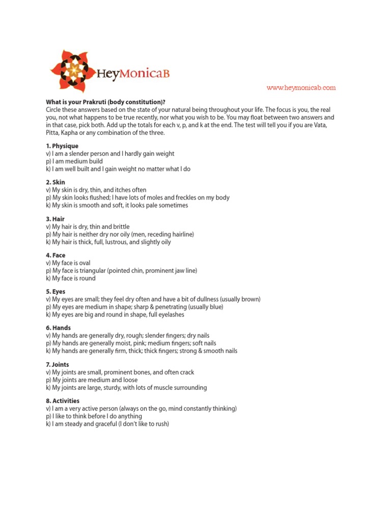 Dosha Test (Ayurvedic Concept) | PDF | Hand | Face