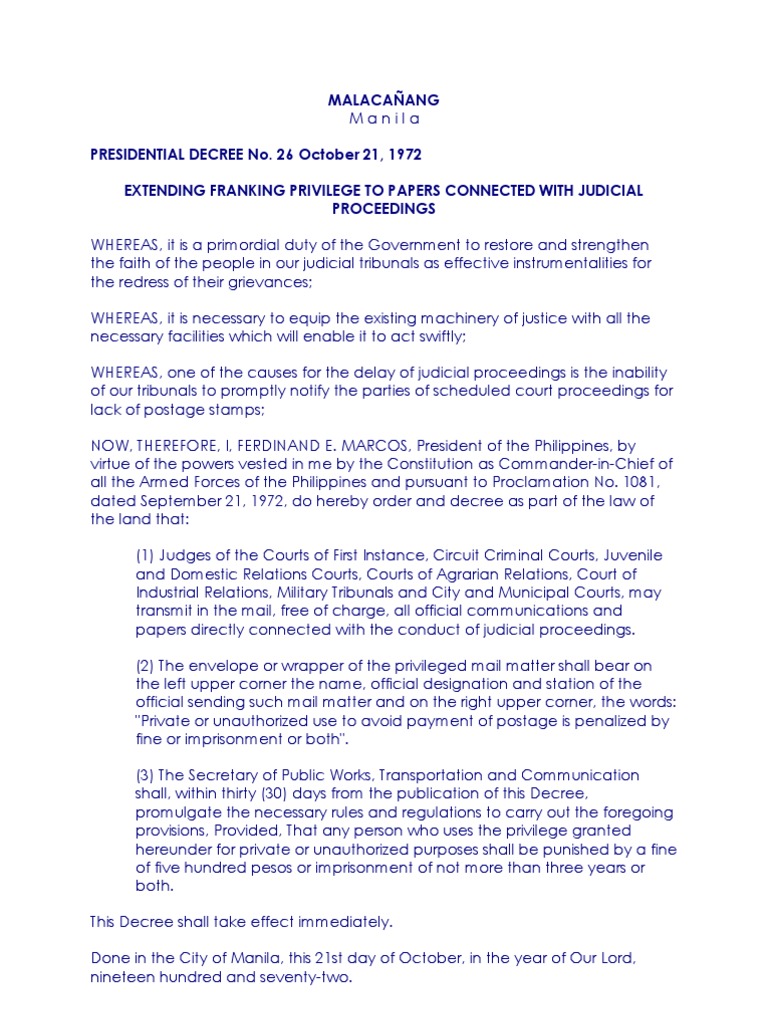 P.D. 26 - Extending Franking Privilege To Papers Connected With ...