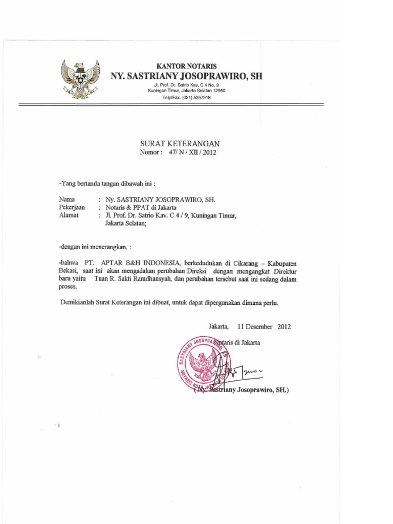 Surat Keterangan Notaris Cover Note Perubahan Direksi | PDF
