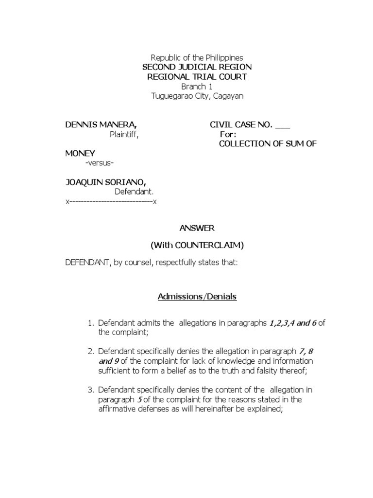 Answer Ni Dennis | PDF | Lawsuit | Complaint