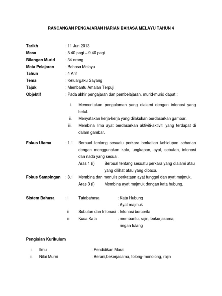 RPH Bahasa Melayu Tahun 4 | PDF