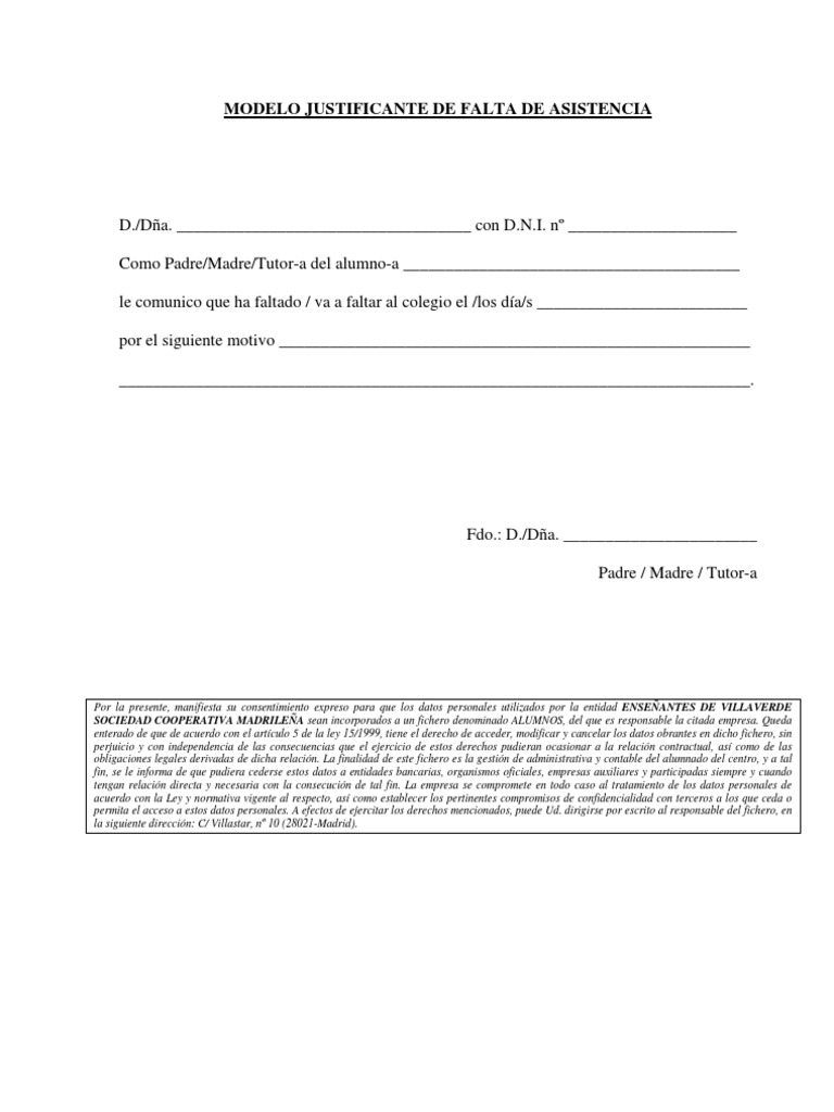 Modelo Justificante de Falta de Asistencia