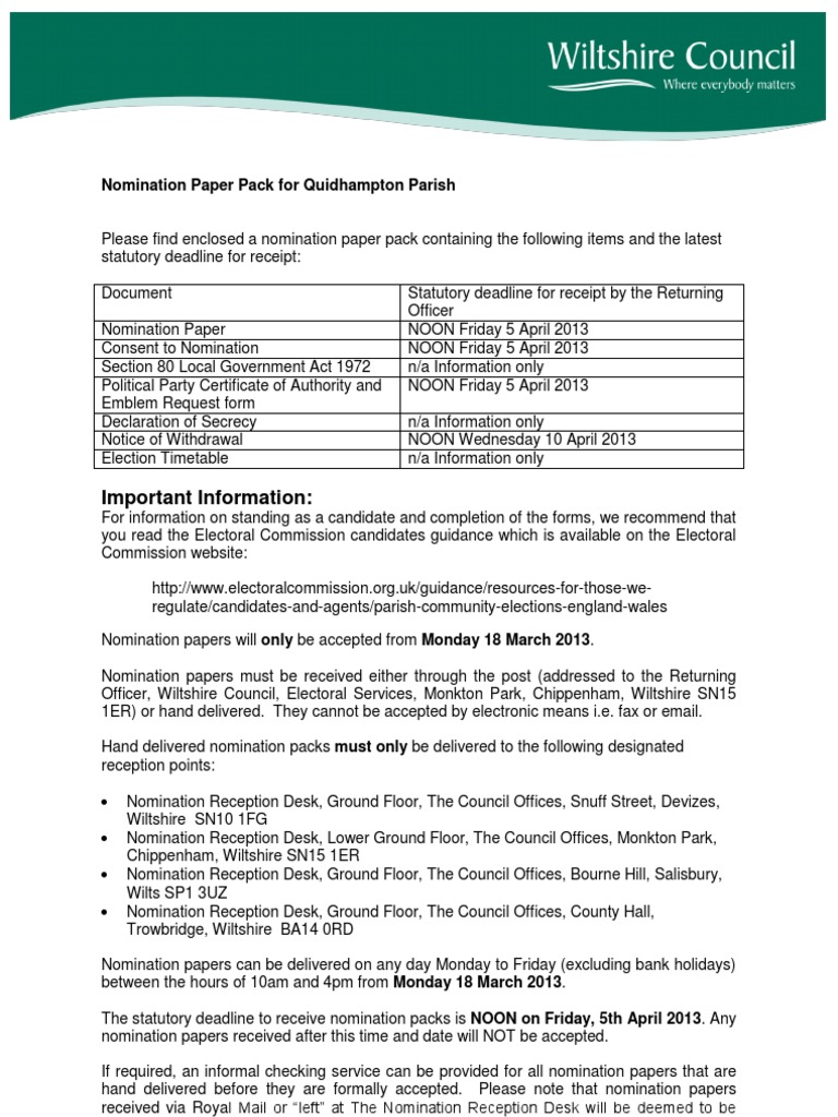 Quidhampton Parish Nomination Paper Pack | PDF | Postal Voting | Voting