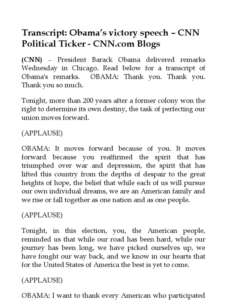 Obama’s 2012 Victory Speech Transcript | PDF | Barack Obama | Mitt Romney
