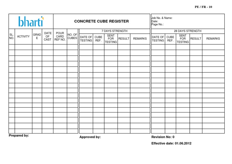 Format - FR 10 - Concrete Cube Register | PDF | Structural Engineering ...