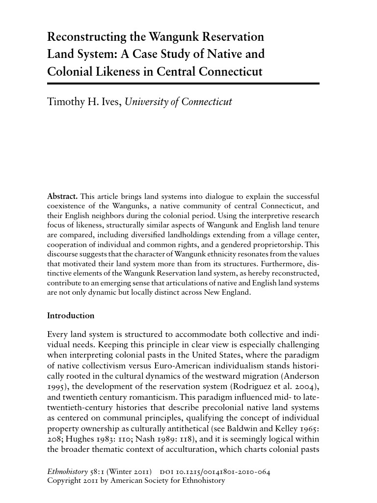 Ives 2011 - Reconstructing The Wangunk Reservation Land System | PDF ...