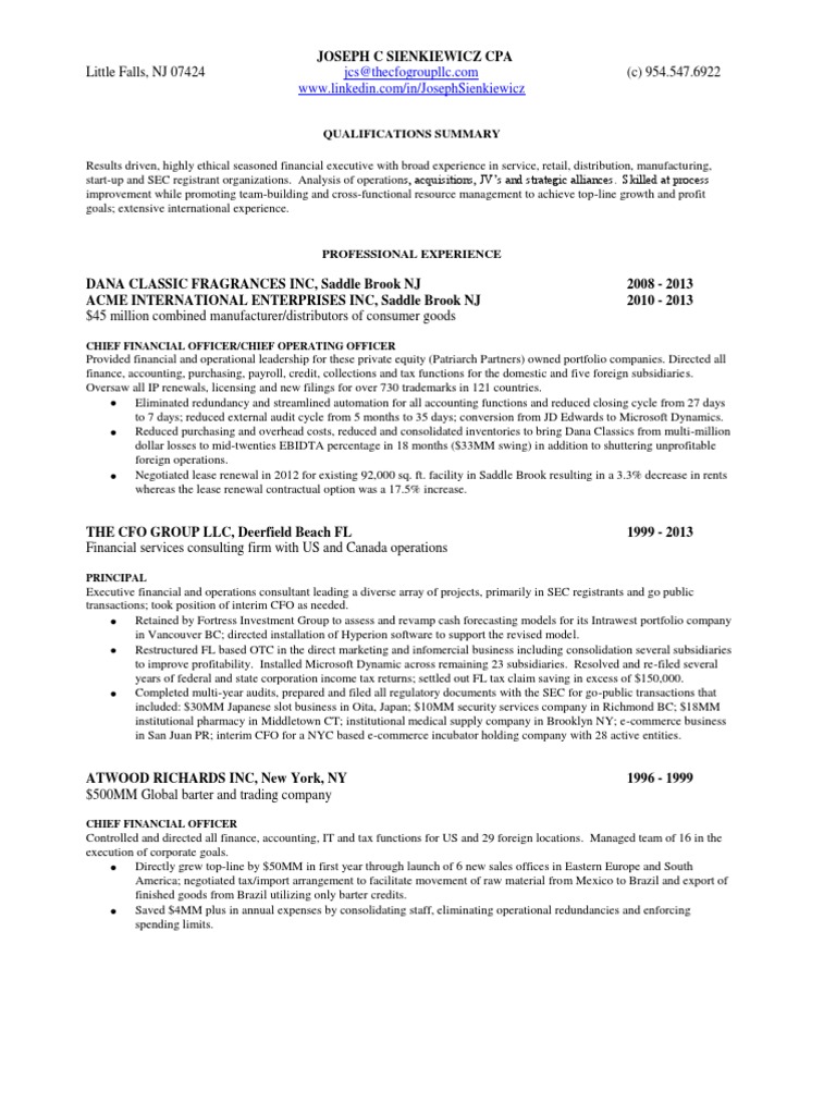 CFO Distribution Private Equity COO in NYC New York Resume Joseph ...