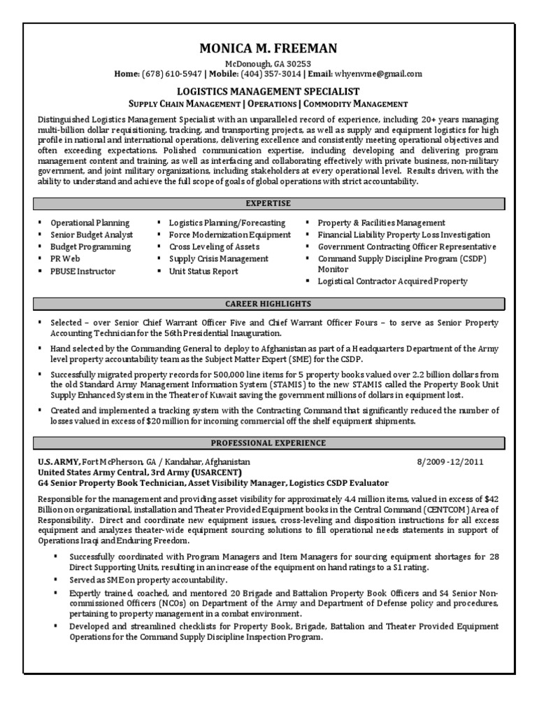 Logistics Management Specialist in Columbus GA Resume Monica Freeman ...