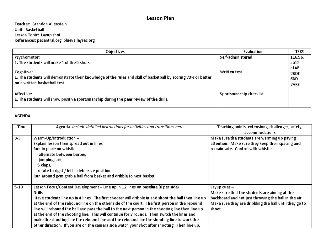 Basketball Layup Lesson Plan | PDF | Lesson Plan | Sports