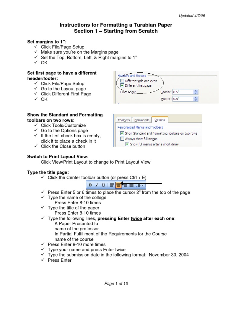 Instructions For Formatting A Turabian Paper Section 1 - Starting From ...