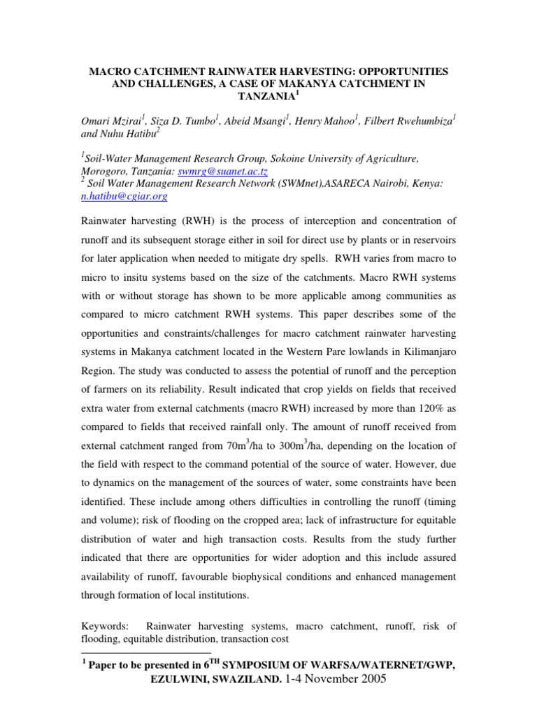 Macro Catchment Rainwater Harvesting: Opportunities and Challenges, A ...