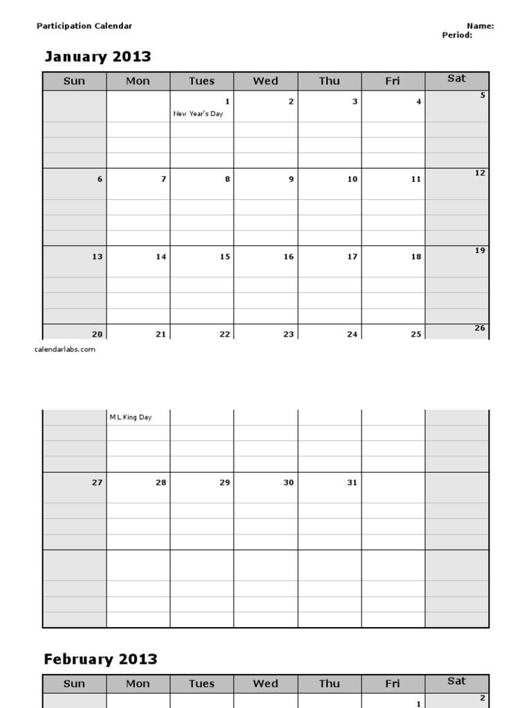 2013 Monthly Calendar Participation Pdf Seasonal Holidays Holidays