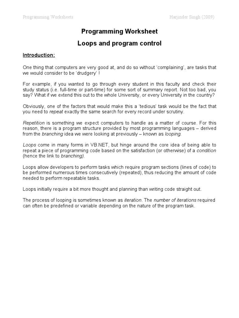 Programming Worksheet Loops And Program Control Programming Worksheets Harjinder Singh 2009