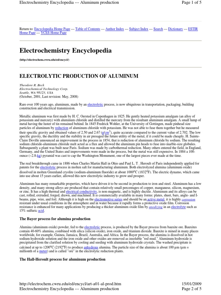 Electrochemistry Encyclopedia: Electrolytic Production of Aluminum ...