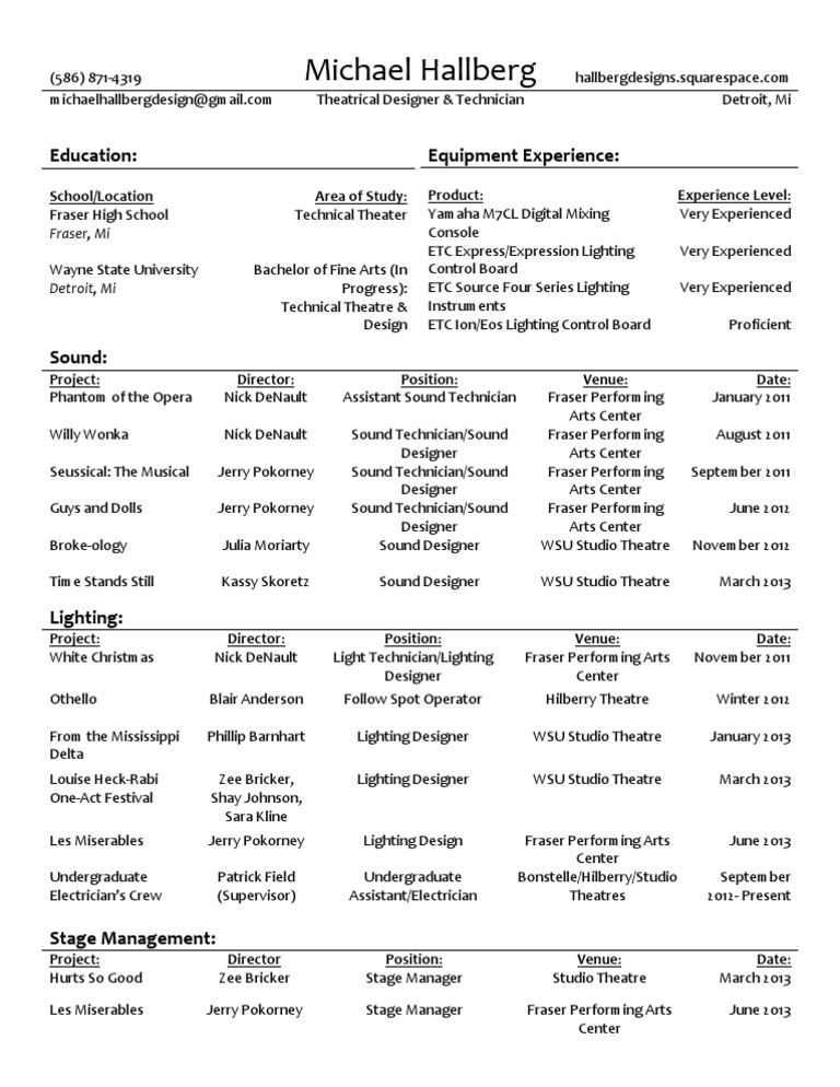Michael Hallberg: Theatrical Designer & Technician in Detroit | PDF ...