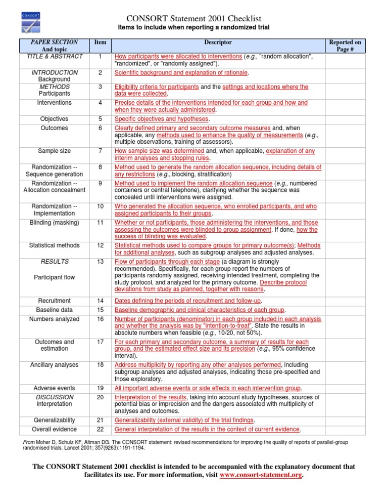CONSORT Statement 2001 Checklist: Title & Abstract Methods | PDF ...