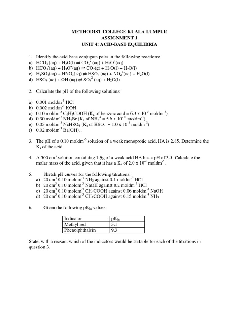 Methodist College Kuala Lumpur Assignment 1 Unit 4: Acid-Base ...