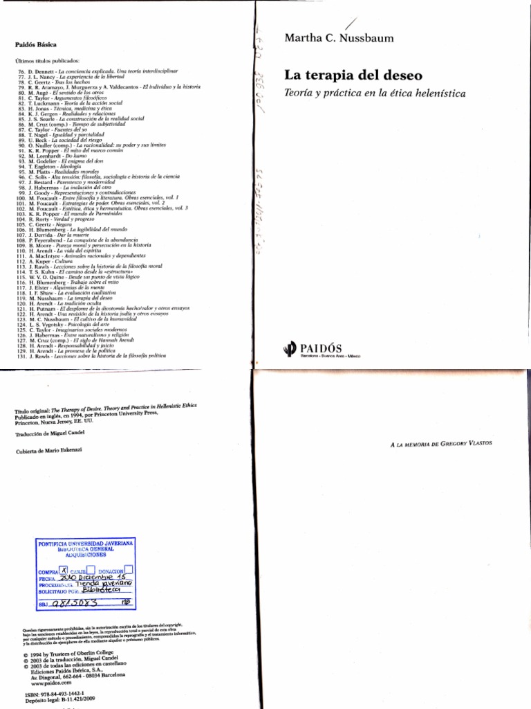Nussbaum, Terapia Del Deseo | PDF | Estoicismo | Vocal