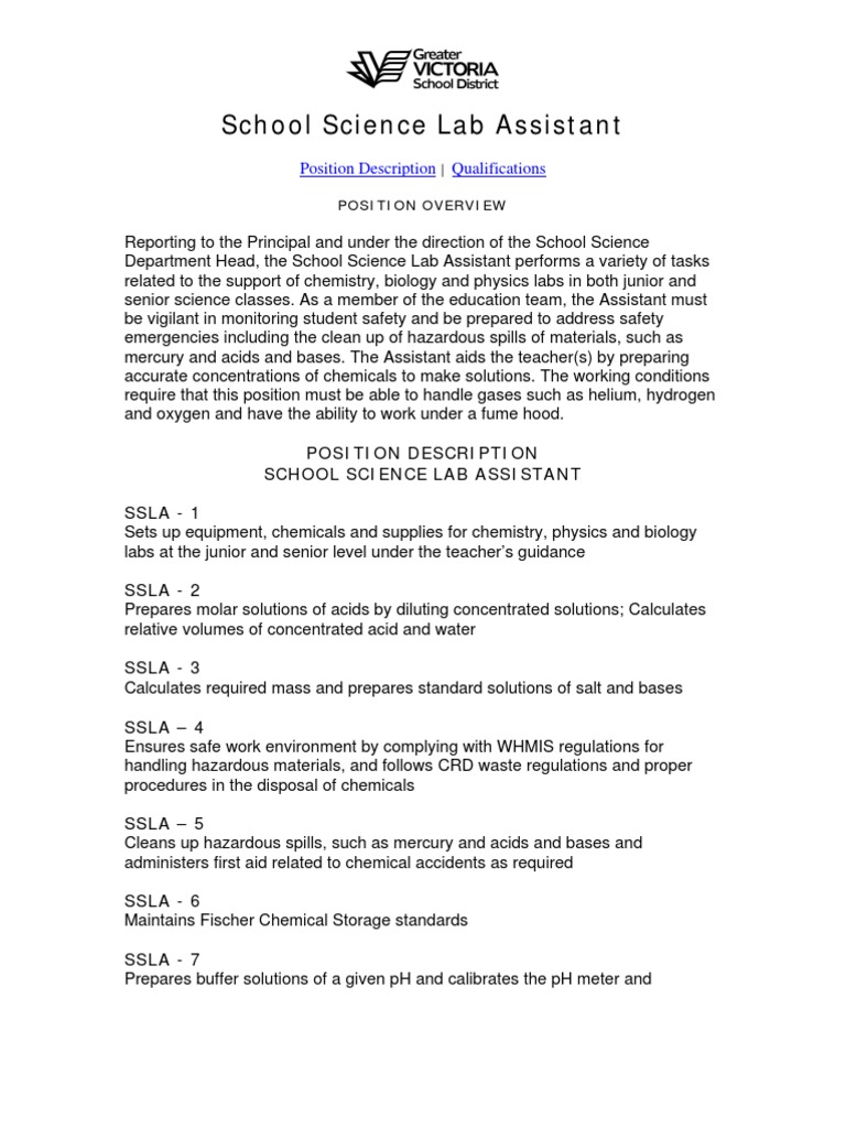 School Science Lab Assistant Overview | PDF | Laboratories | Ph
