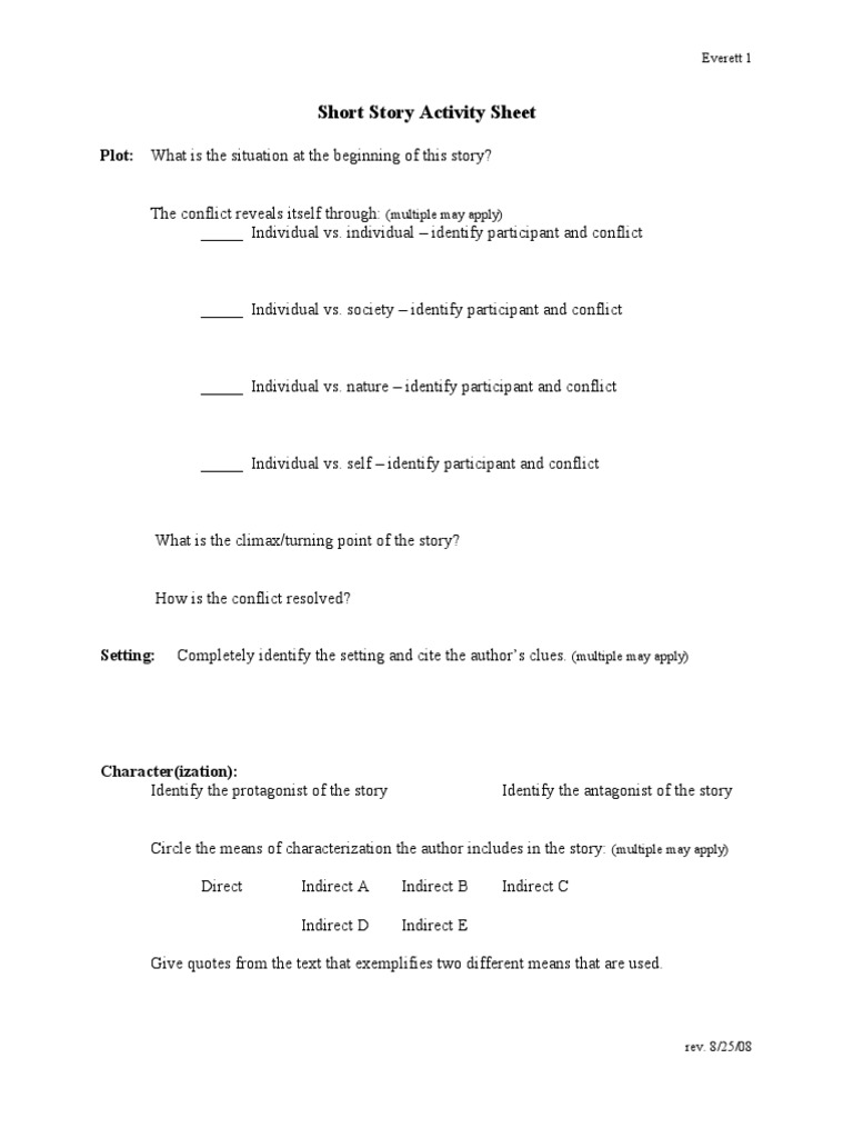 198 - Short Story Activity Sheet | PDF