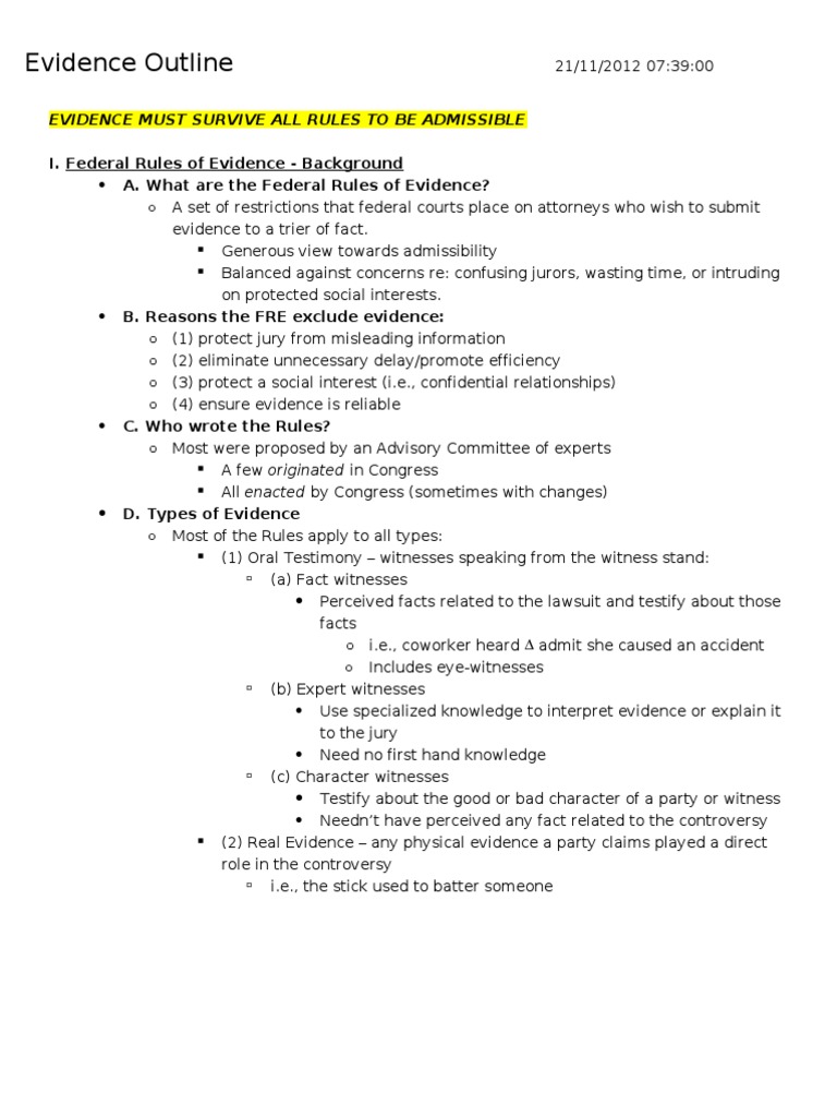 Evidence Outline 2012 | PDF | Standard Of Review | Evidence (Law)