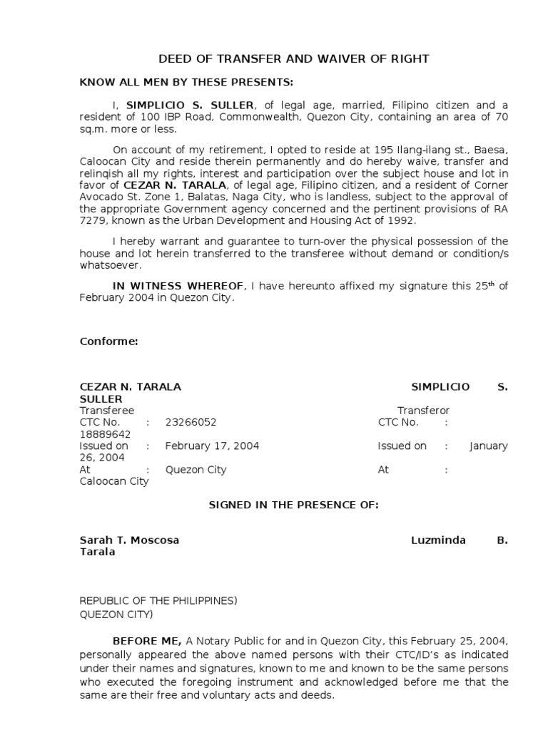 Deed of Transfer and Waiver of Right | PDF | Notary Public | Social ...