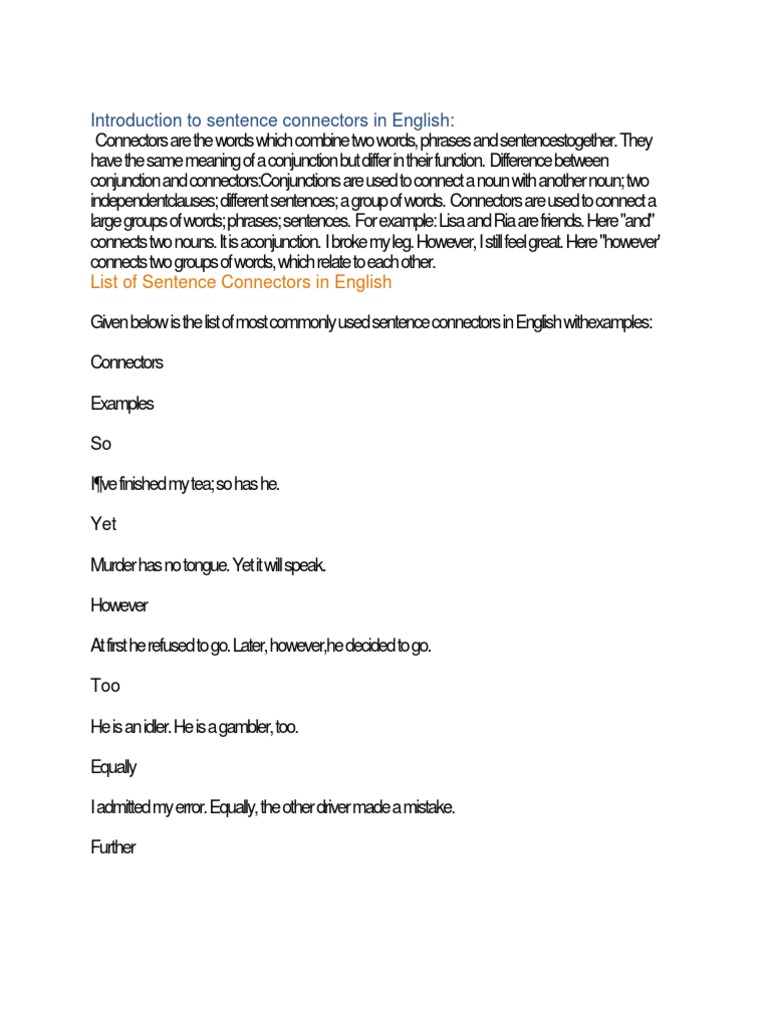 Introduction To Sentence Connectors in English | PDF | Semantic Units ...
