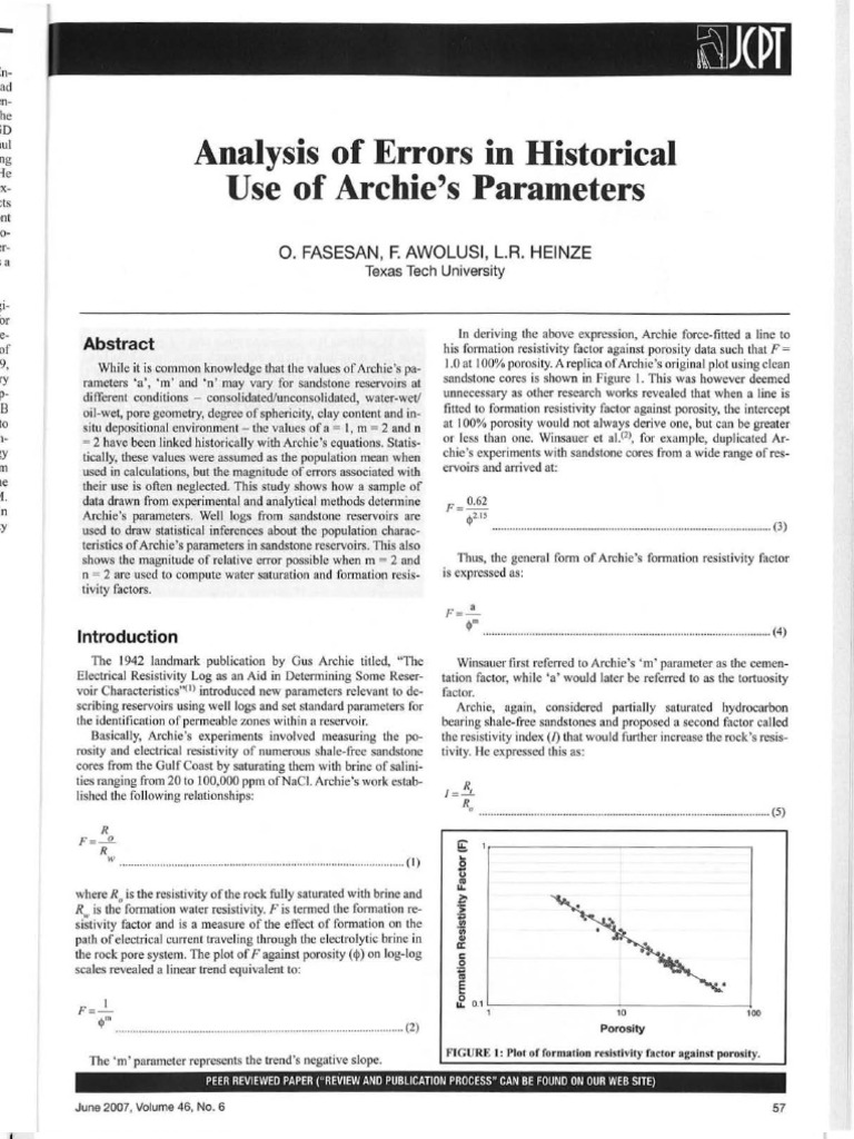 Analysis Errors Historical Use of Archie Equations | PDF | Porosity ...