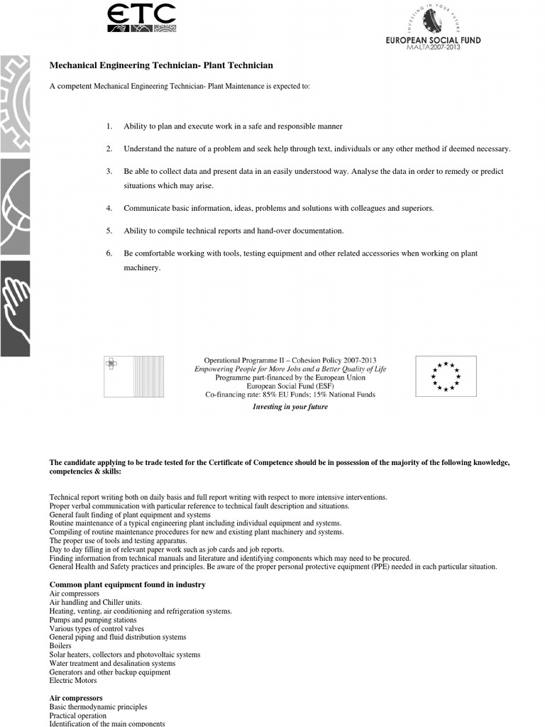 Mechanical Engineering Technician Plant Maintenance Pdf Pdf Hvac