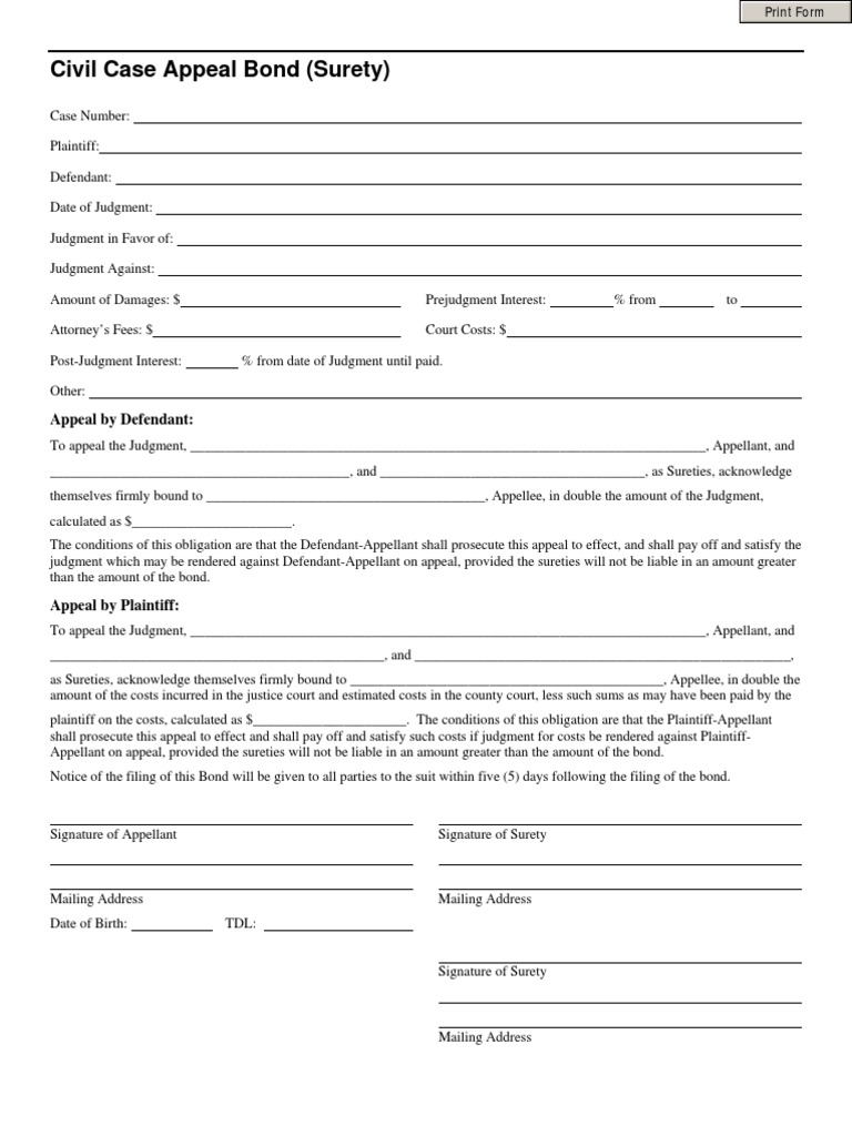 Civil Case Appeal Bond (Surety) | PDF | Surety Bond | Costs In English Law