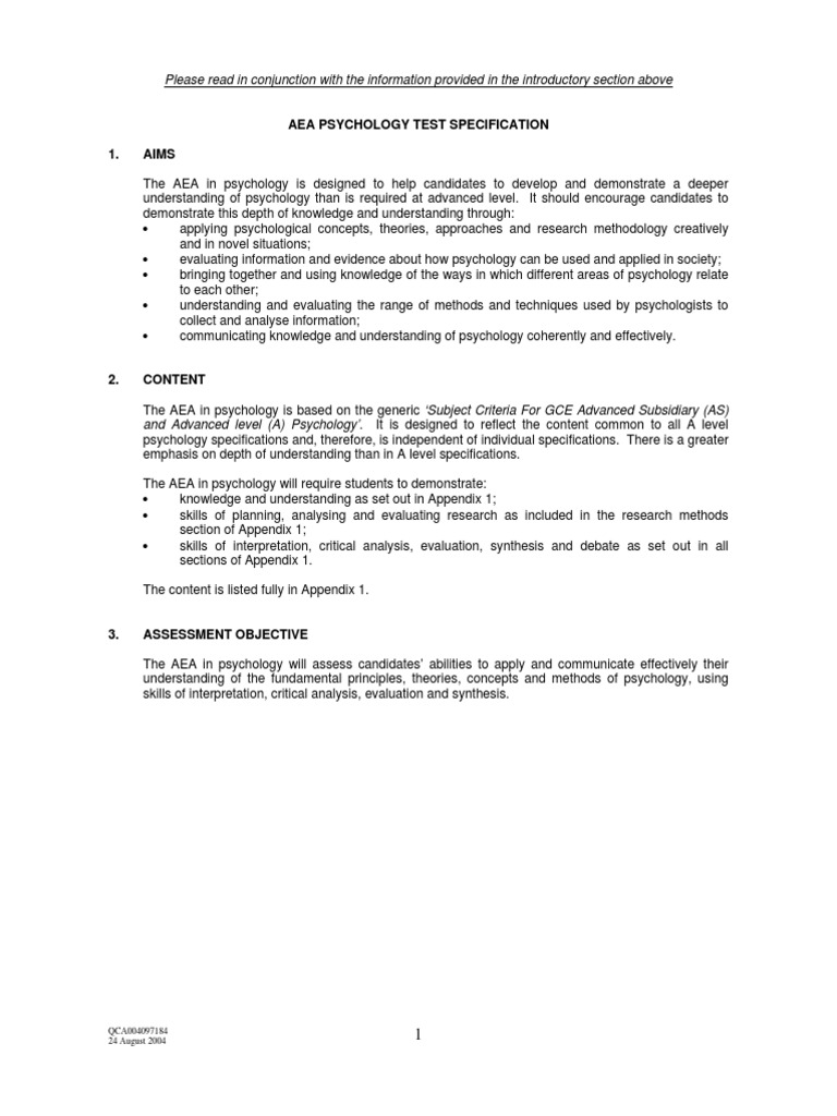 Aea Test Spec Psychology | PDF | Psychology | Critical Thinking