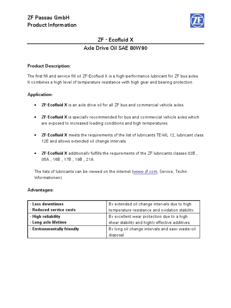 ZF Passau GMBH Product Information ZF - Ecofluid X Axle Drive Oil Sae ...
