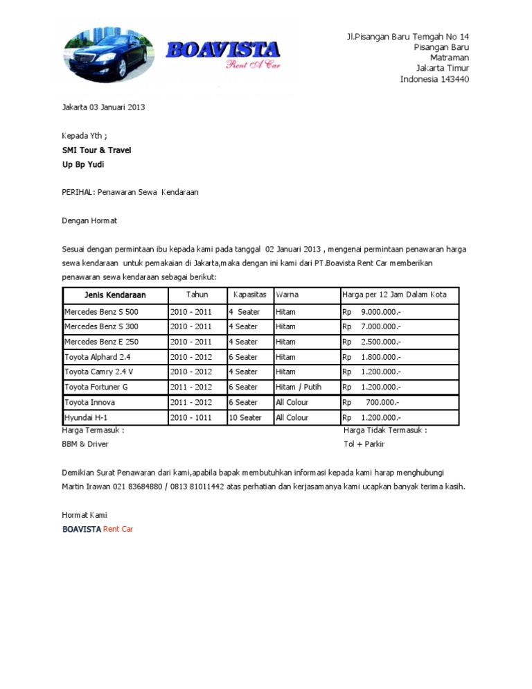 Penawaran Rental Mobil | PDF