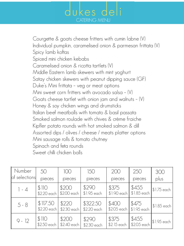 Catering Menu For Dukes Deli | PDF