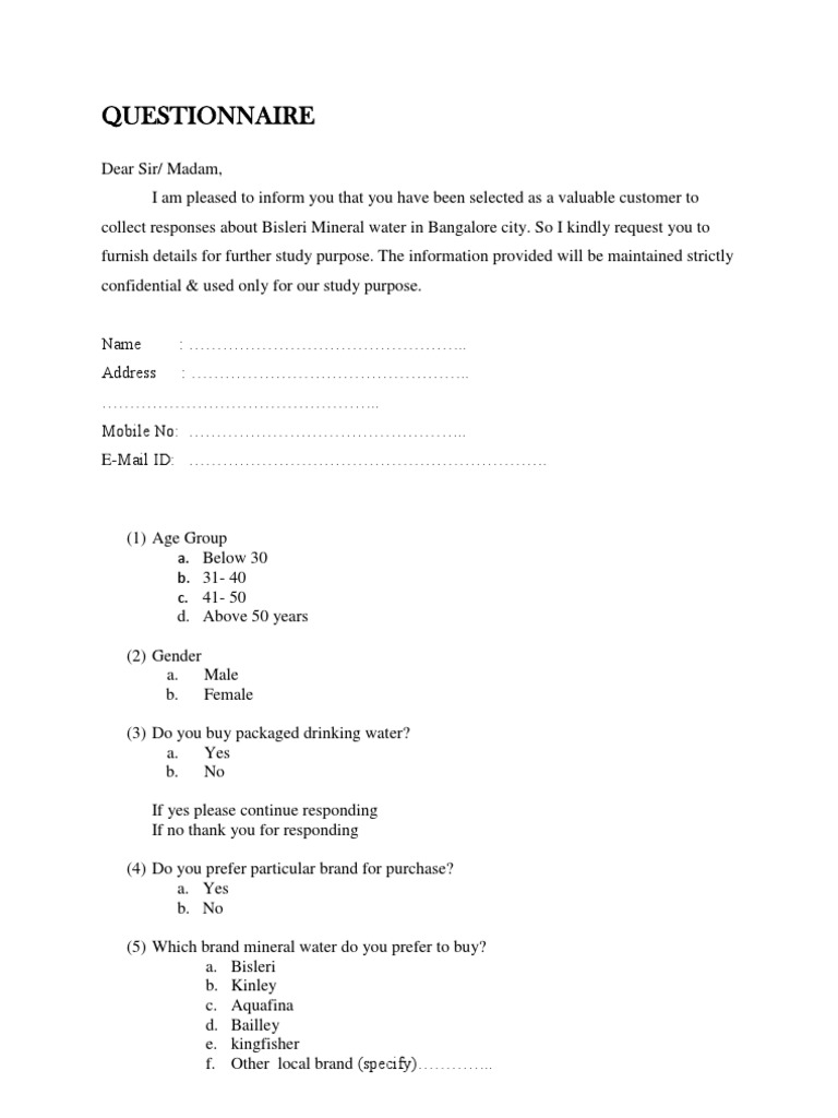 Questionnaire For Consumer Preference For Bisleri 500ml | PDF | Retail ...