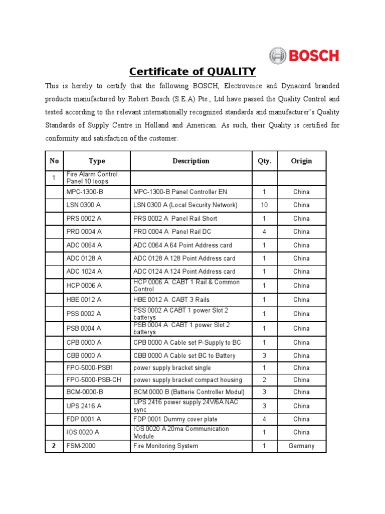 Bosch Quality Certificate Overview | PDF