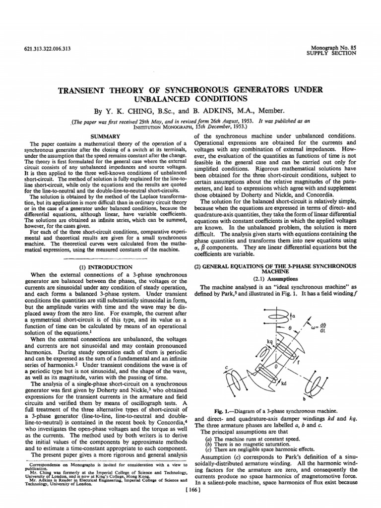 Transient Theory of Synchronous Generator Under Unbalanced Conditions ...