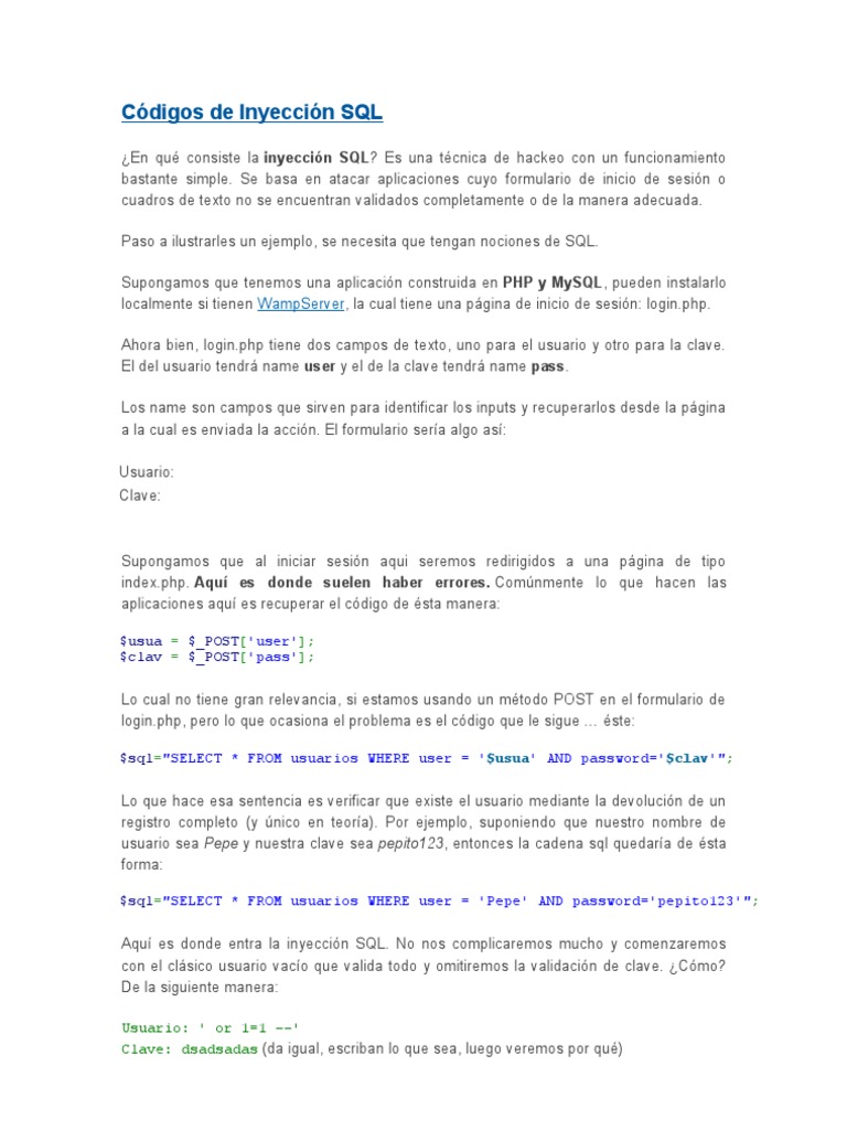 Códigos de Inyección SQL | PDF | SQL | Tecnologías de la información