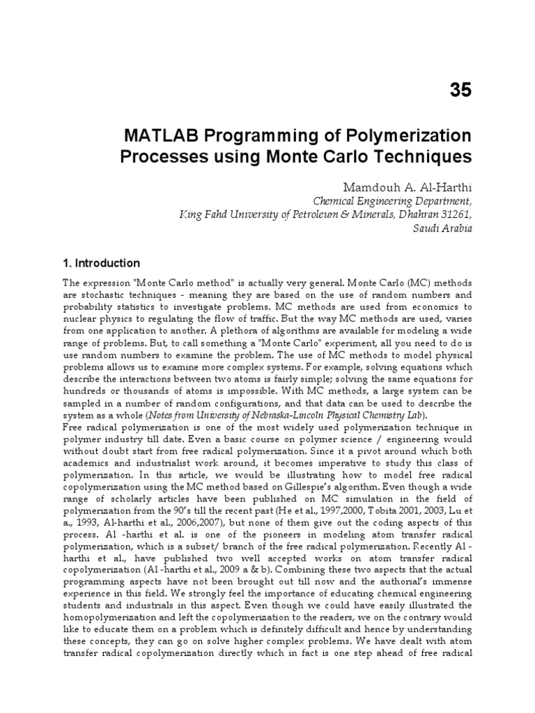 Intech Matlab Programming Of Polymerization Processes Using Monte Carlo Techniques Pdf