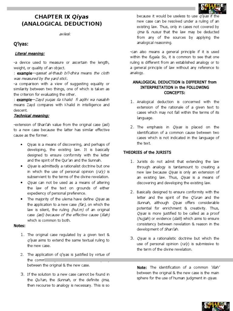 CHAPTER IX Qiyas ANALOGICAL DEDUCTION | PDF | Sharia | Analogy