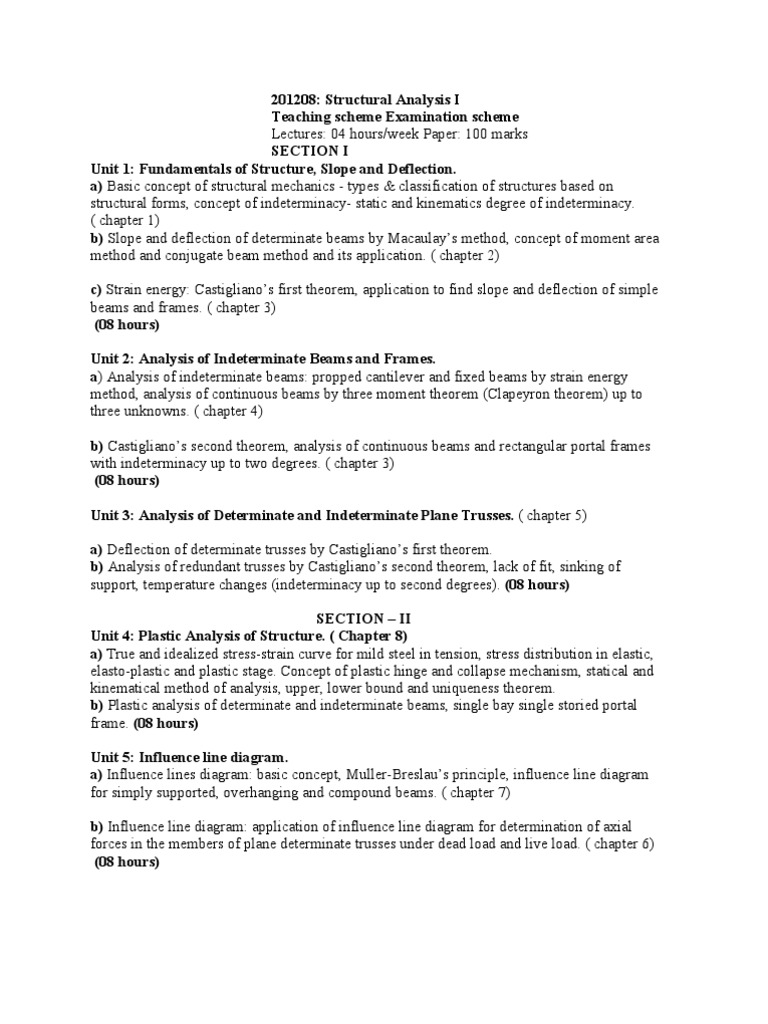 Structural Analysis I Teaching and Exam Scheme | PDF | Structural ...