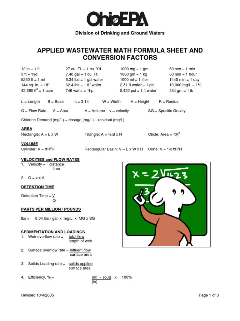 Applied Wastewater Math Formula Sheet and Conversion Factors | PDF ...